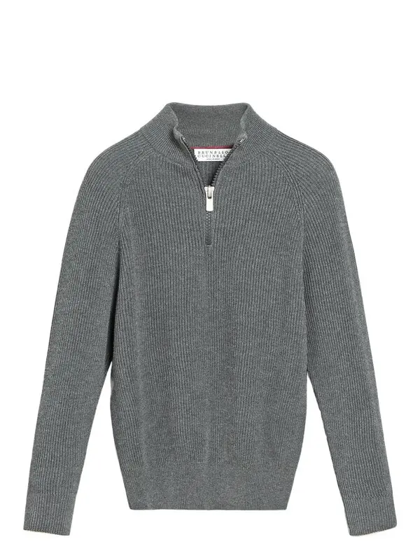 Brunello Cucinelli Cotton English-rib Half-zip Sweater - Lead