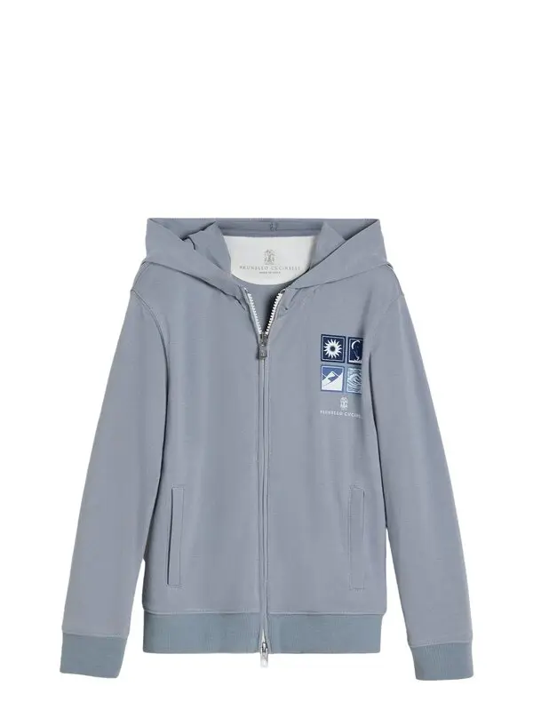 Brunello Cucinelli Cotton Piqué Hooded Sweatshirt With Zipper And Print - Blue-gray