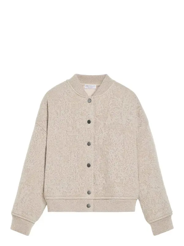 Brunello Cucinelli Lace Flowers Jersey Bomber Jacket In Sparkling Virgin Wool And Cashmere - Beige