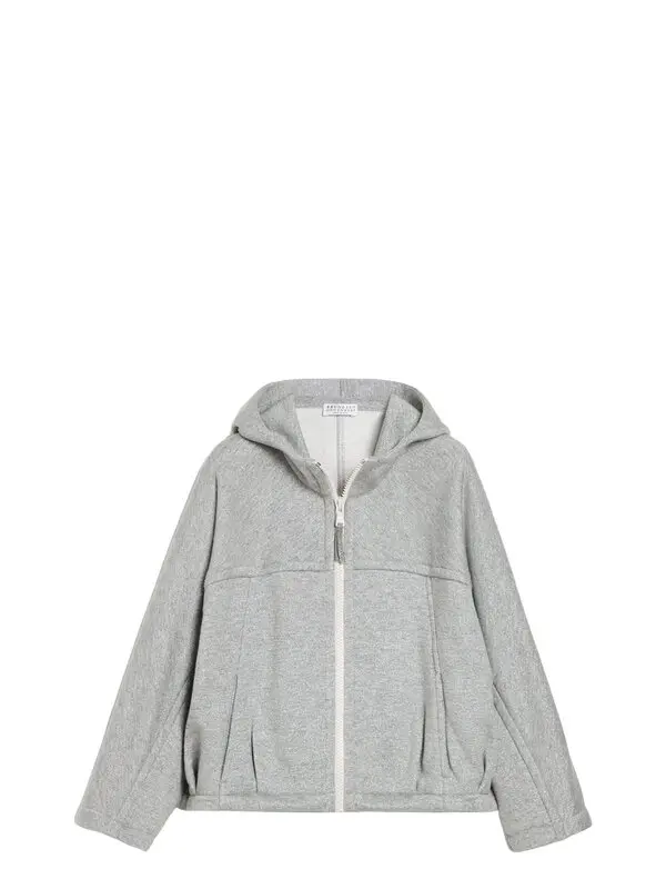 Brunello Cucinelli Sparkling Cotton French Terry Hooded Sweatshirt With Zipper And Monili - Silver