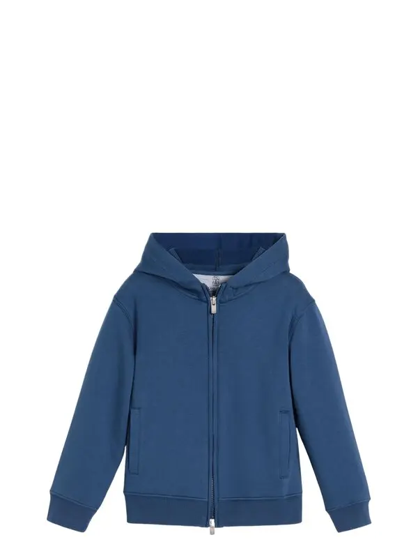 Brunello Cucinelli Techno Cotton French Terry Hooded Sweatshirt With 'water' Motif - Blue