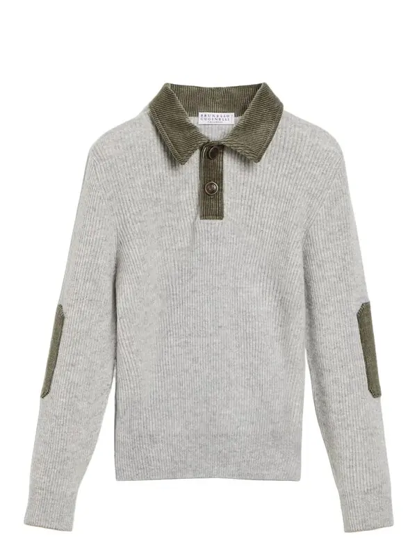 Brunello Cucinelli Cashmere English-rib Knit Polo With Corduroy Inserts - Light Gray