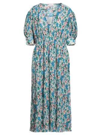 GANNI Floral Print Midi Dress With V-neck And Short Sleeves - Green