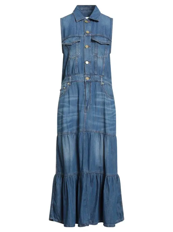 GANNI Denim Sleeveless Tiered Shirt Dress - Blue