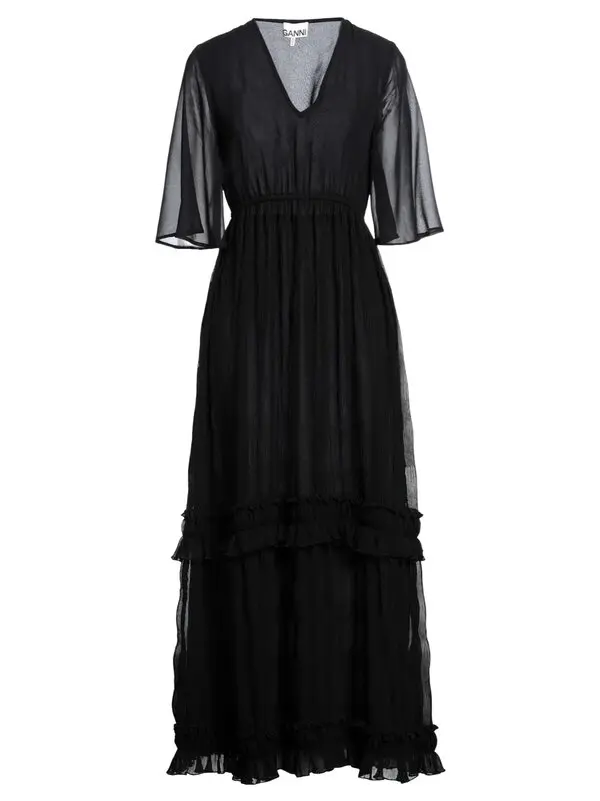 GANNI V-neck Short Sleeve Maxi Dress With Ruffles - Black