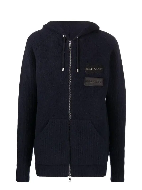 Balmain Logo Patch Drawstring Hoodie - Black