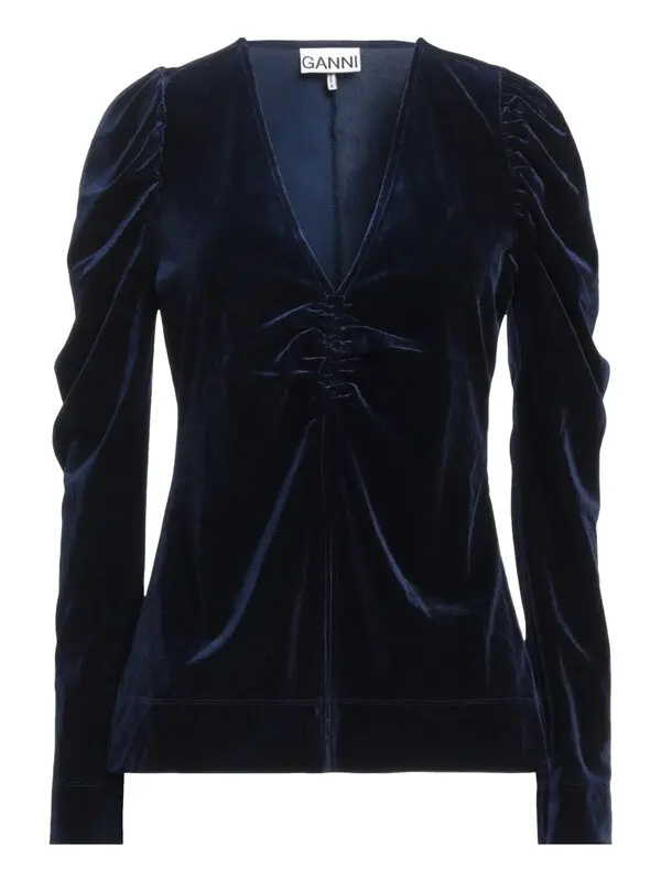 GANNI Chenille V-neck Long Sleeve Top With Puff Sleeves - Black