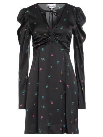 GANNI Floral-print Satin Mini Dress With Gathered Details - Black