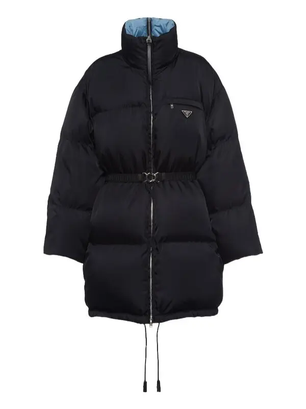 Prada Belted Puffer Jacket With Triangle Logo - Black