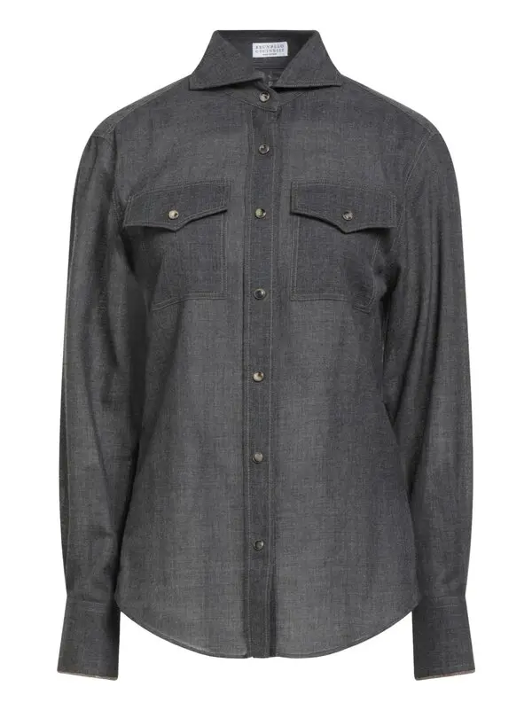 Brunello Cucinelli Wool Shirt With Classic Collar And Snap-fastening Cuffs - Black