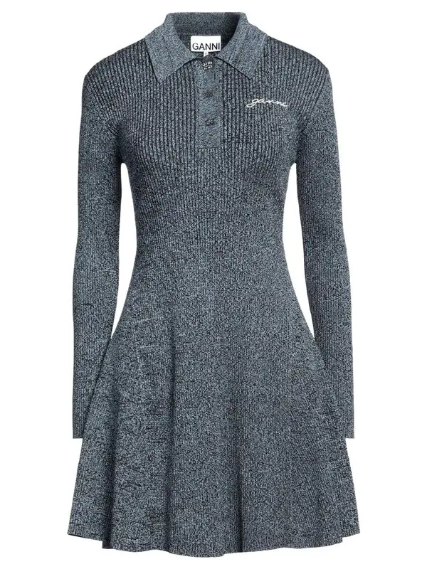 GANNI Ribbed Knit Polo Collar Dress - Gray