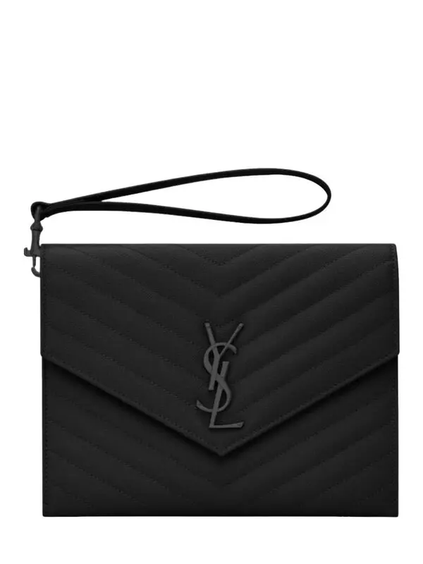Saint Laurent Cassandre Matelassé Flap Pouch In Grain De Poudre Embossed Leather - Black