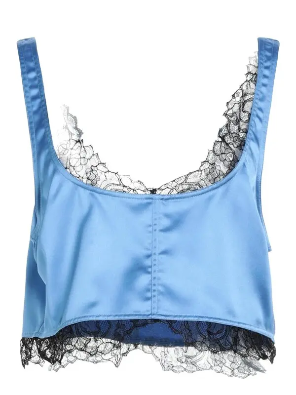 GANNI Crewneck Lace Trim Crop Top - Blue