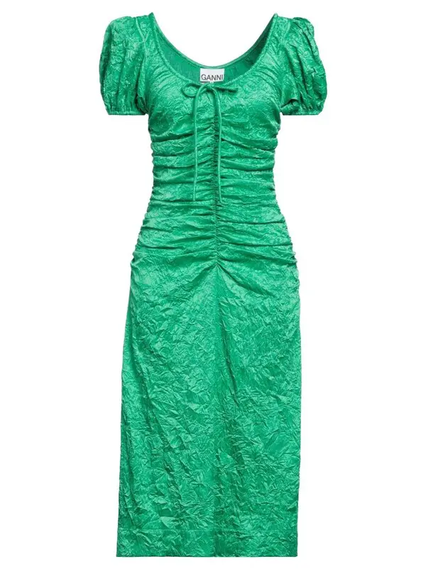 GANNI Short Sleeved Gathered Midi Dress - Green