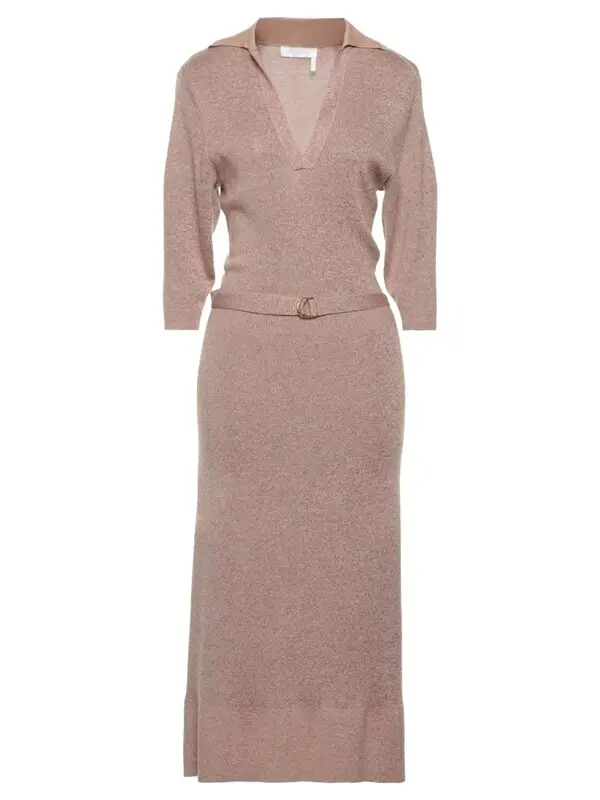 Chloé Two-tone Knit Midi Dress With Classic Collar - Camel