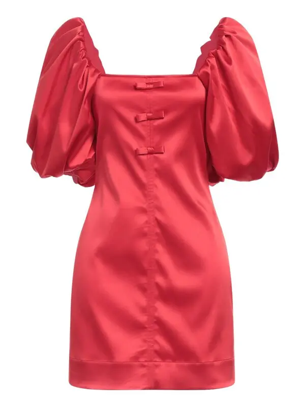 GANNI Puff Sleeve Dress With Square Neck And Zipper Closure - Red
