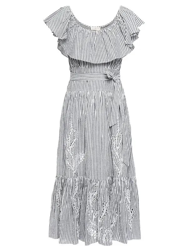 Tory Burch Striped Lace Woven Short-sleeve Dress - Gray