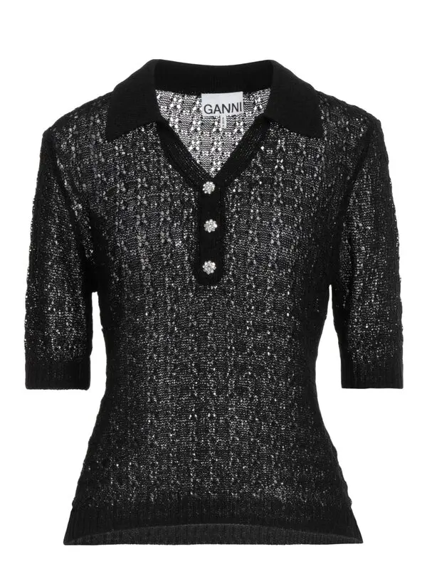 GANNI Button-embellished Short Sleeve Knit Top - Black