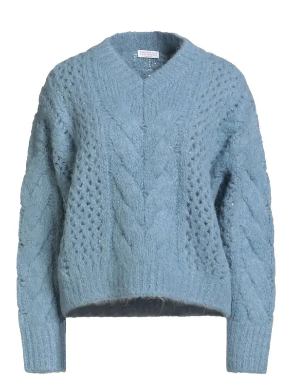 Brunello Cucinelli V-neck Cable Knit Sweater - Blue