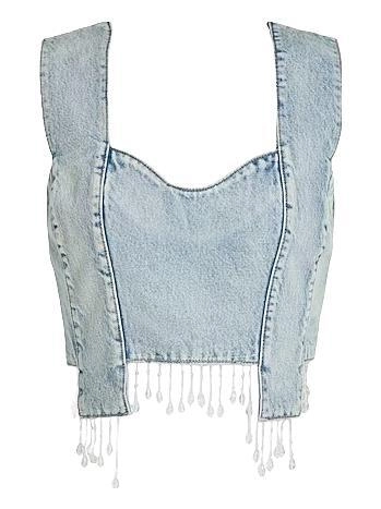 GANNI Embellished Denim Cropped Top - Gray