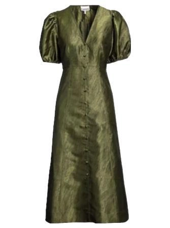 GANNI Puff Sleeve V-neck Button-front Flared Dress - Green