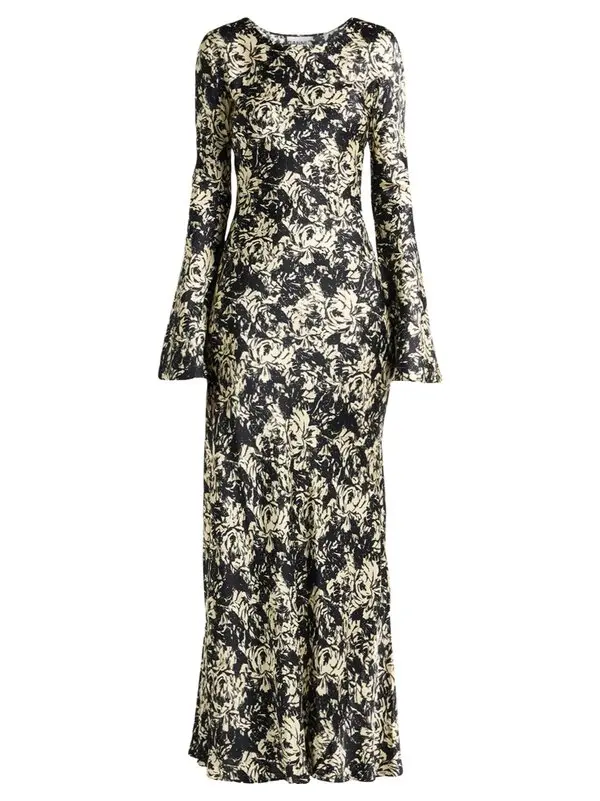 GANNI Floral Pattern Maxi Dress With Bell Sleeves - Black