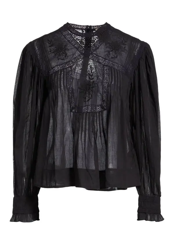 Farm Rio Long-sleeved Top With Floral Pattern And Lace Details - Black