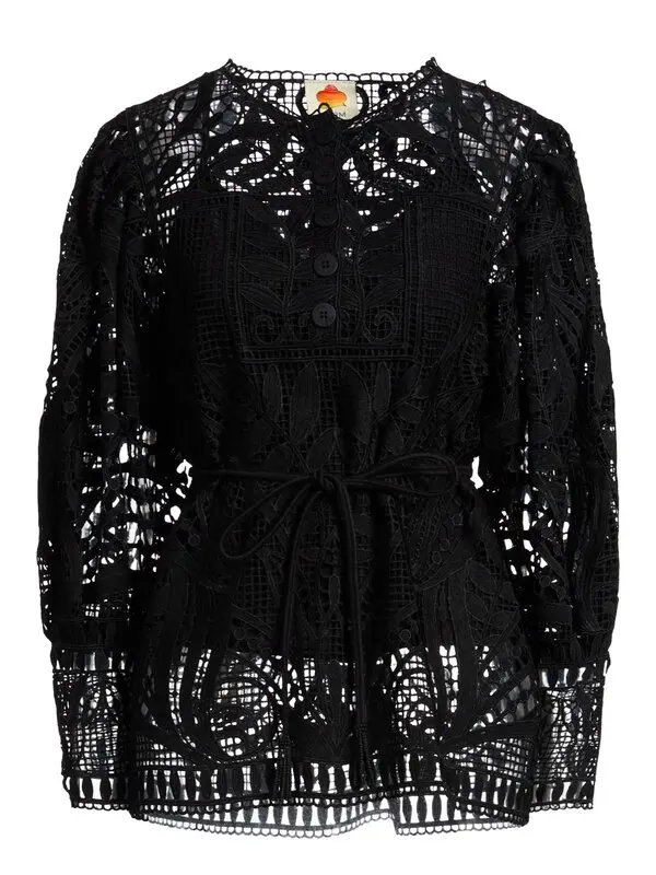 Farm Rio Lace Belted Long Sleeve Top - Black