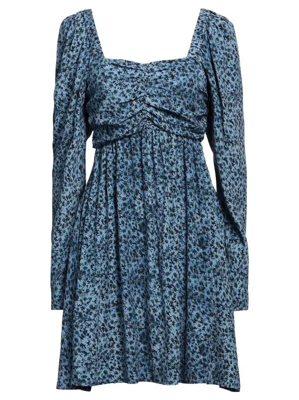 GANNI Floral Print Long Sleeve Square Neck Dress - Blue