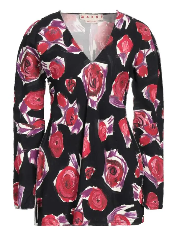 Marni V-neck Long Sleeve Floral Top - Black