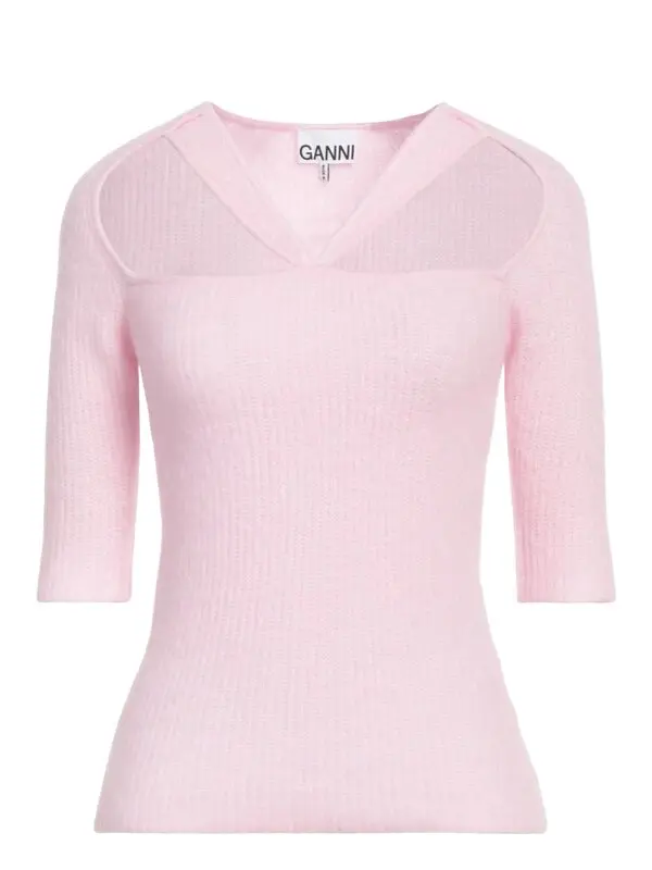 GANNI V-neck Short Sleeve Knit Top - Pink