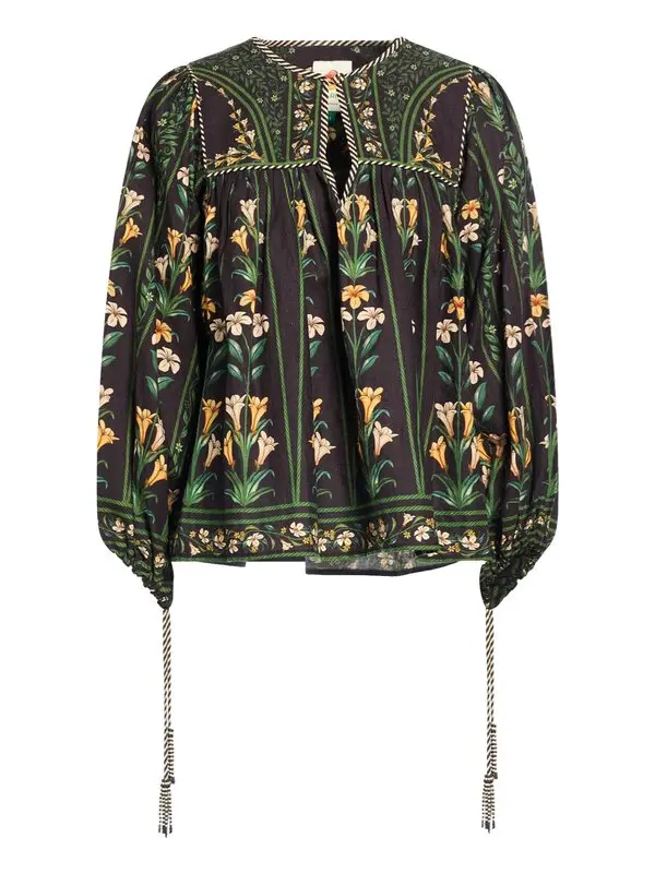Farm Rio Long-sleeved Floral Print Blouse - Black