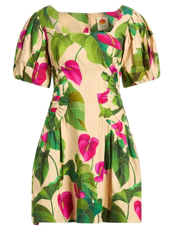 Farm Rio Short Sleeve Square Neck Floral Print Mini Dress - Green