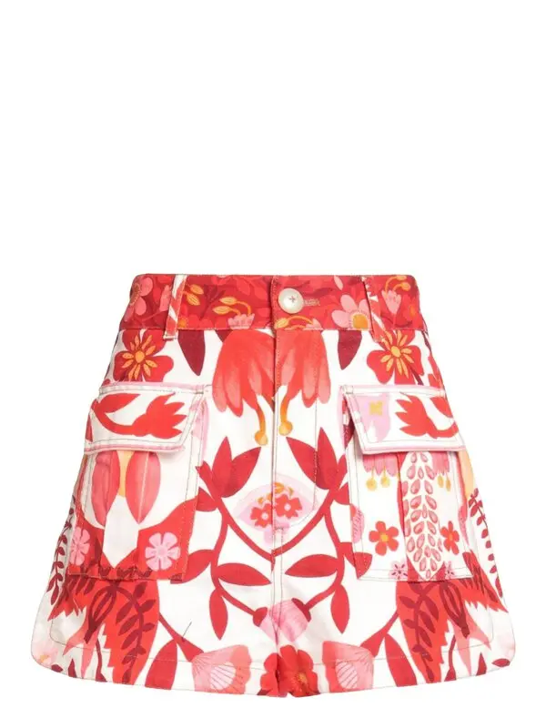 Farm Rio Floral Print Gabardine Hot Pants - Red