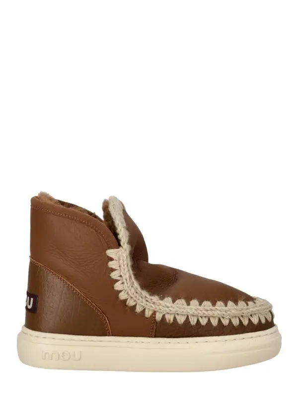 Mou Sewing Detail Round Head Short Boots - Brown