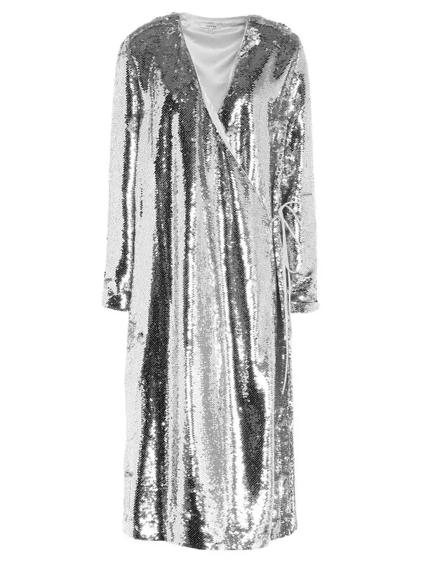 GANNI Long Sleeve Sequin Wrap Dress - White
