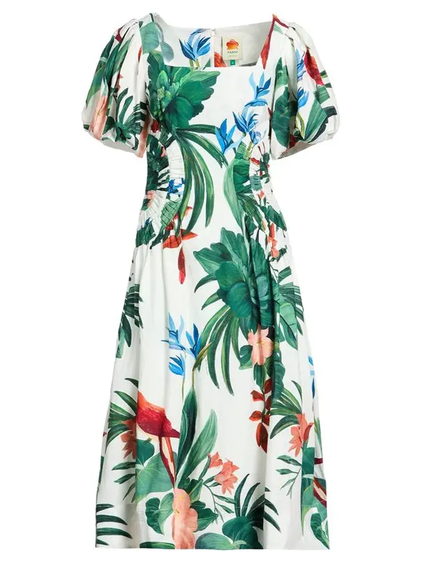 Farm Rio Short-sleeved Dress With Square Neckline And Tropical Print - Green