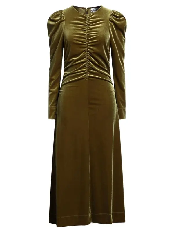 GANNI Velvet Ruched V-neck Long Sleeve Maxi Dress - Brown