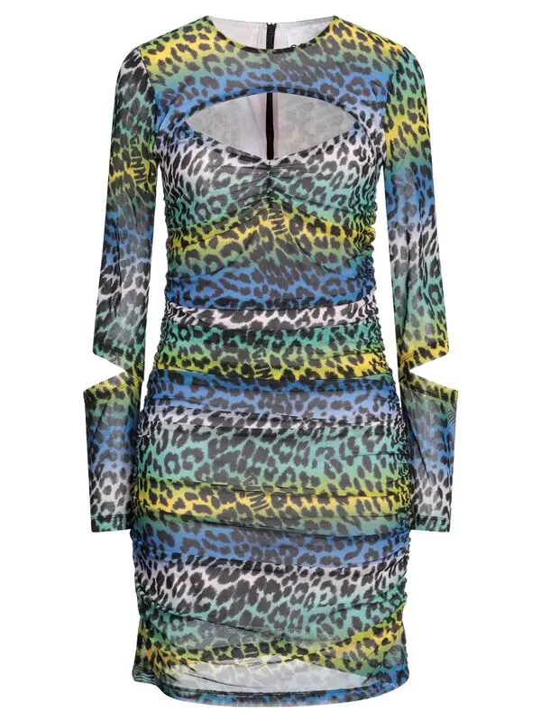 GANNI Leopard Print Mesh Cut-out Dress - Gray