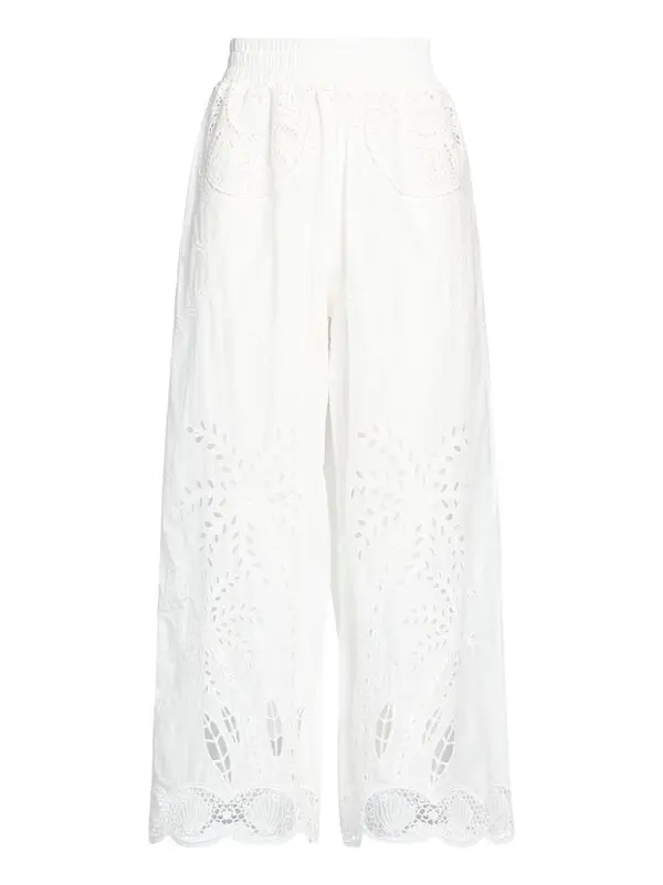 Farm Rio Elastic Waist Lace Cutout Pants - White