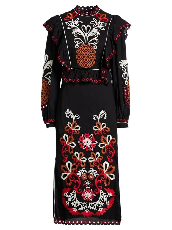Farm Rio Long-sleeved Embroidered Midi Dress - Black