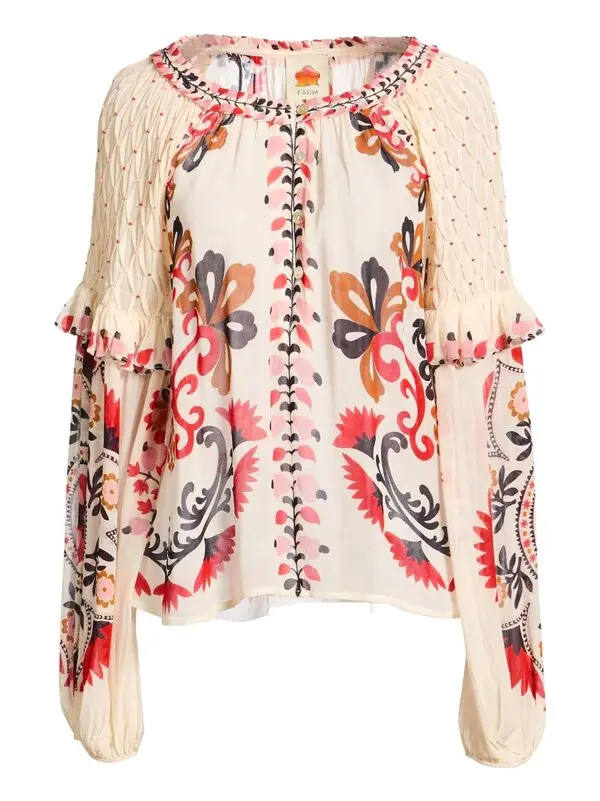 Farm Rio Long-sleeved Printed Shirt With Ruffle And Pleat Details - White
