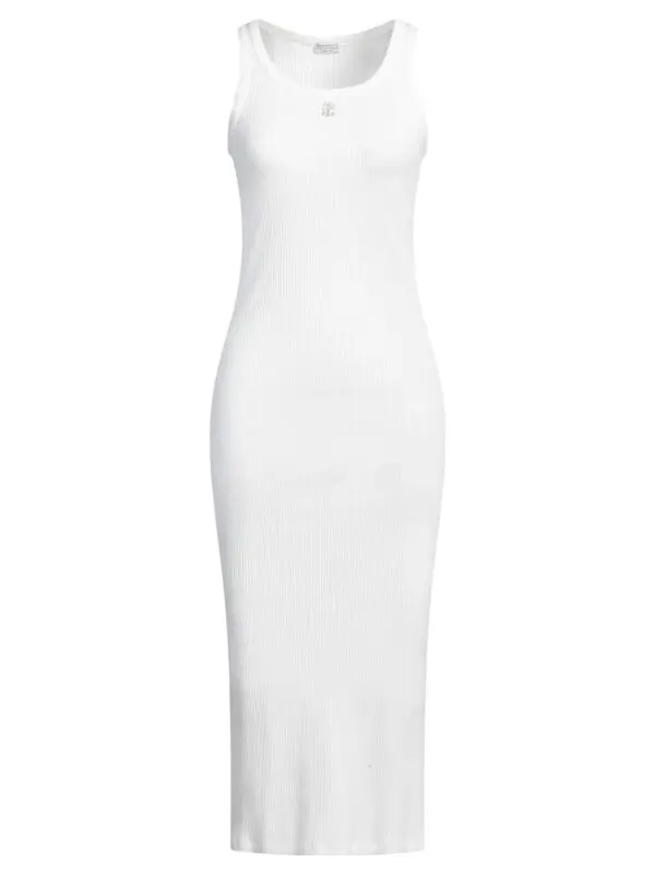 Brunello Cucinelli Ribbed Knit Midi Dress With Embroidered Logo - White