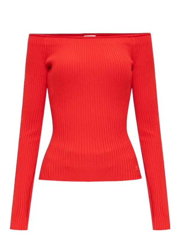 COURREGES Courrèges Off-the-shoulder Ribbed Long-sleeved Top - Red