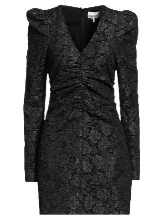 GANNI Ruched V-neck Long Sleeve Dress - Black