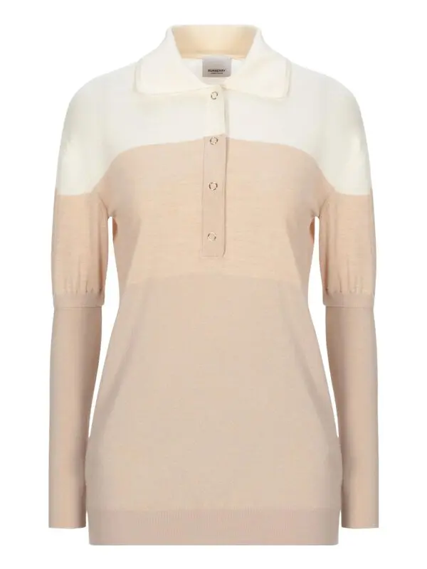Burberry Wool Striped Polo Collar Long Sleeve Sweater - Nude
