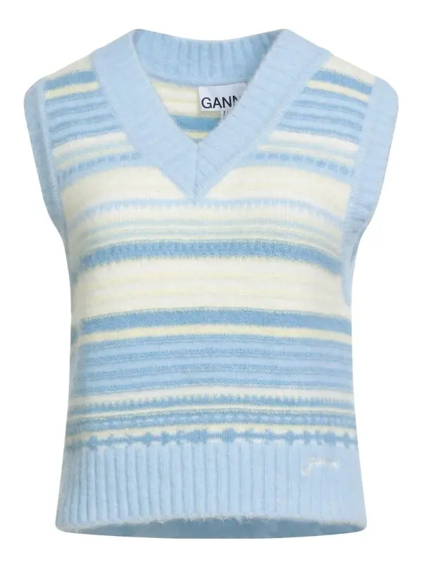 GANNI Sleeveless V-neck Striped Knit Jumper - Blue