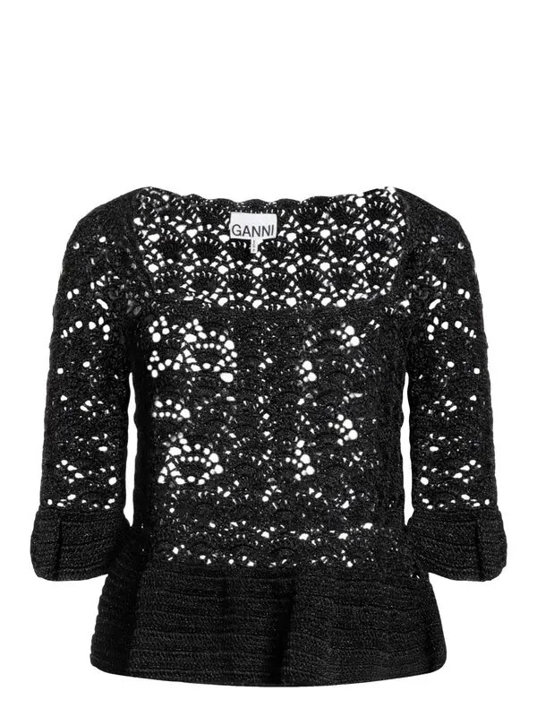 GANNI Crochet Square Neck Peplum Jumper - Black