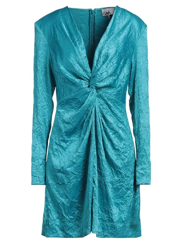 GANNI Long Sleeve Deep V Neck Dress - Blue