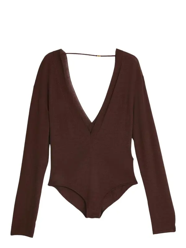 Saint Laurent Long-sleeved V-neck Bodysuit - Brown